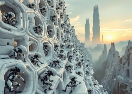 Hundreds of white humanoid robots with four arms , t...