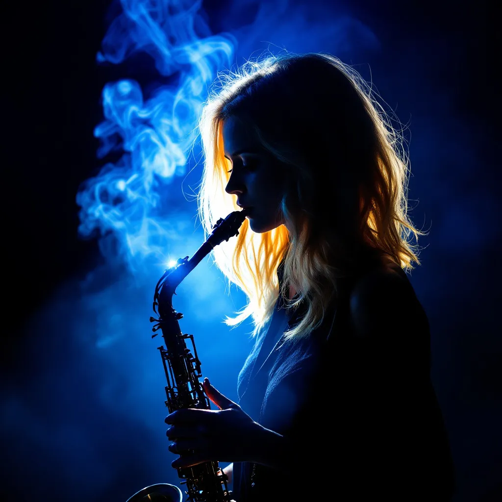 The silhouette of a blonde female singer playing the...