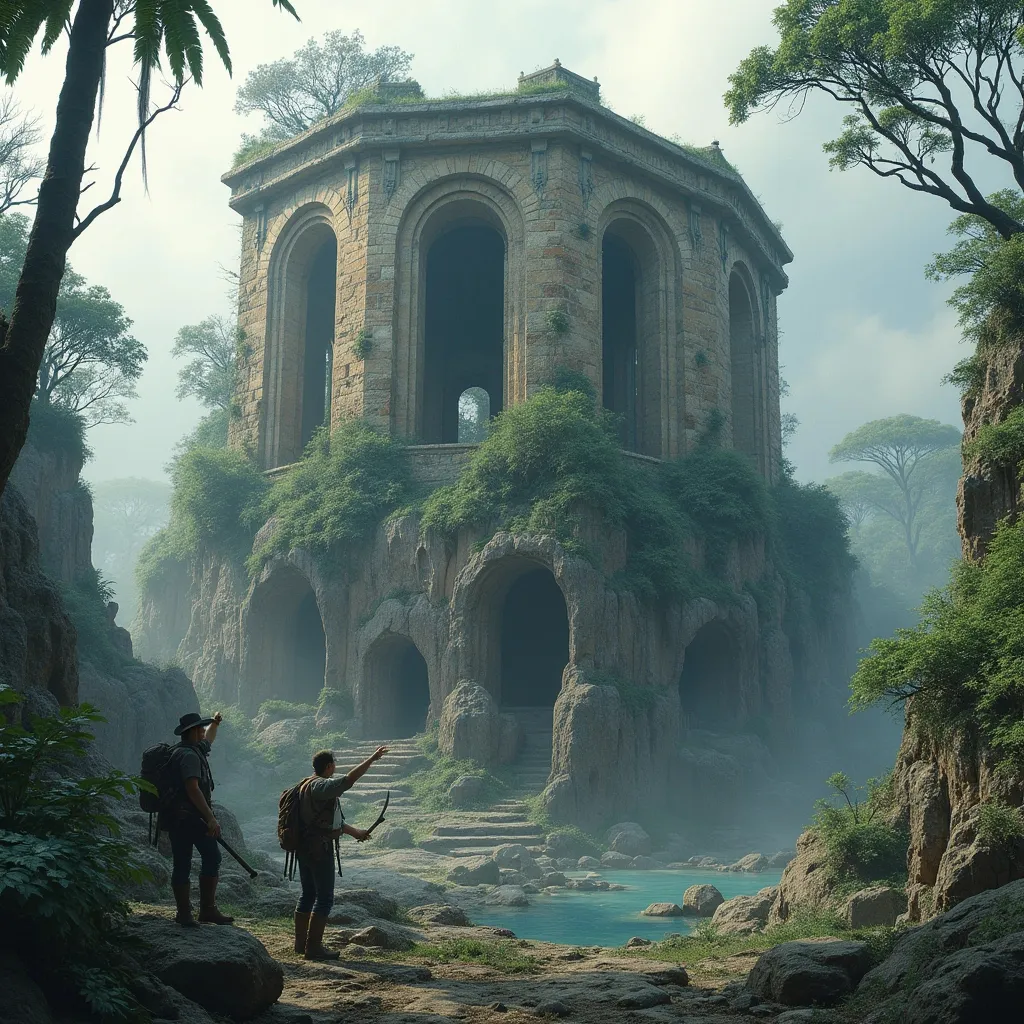 The ruins of an old , small , weathered stone rotund...