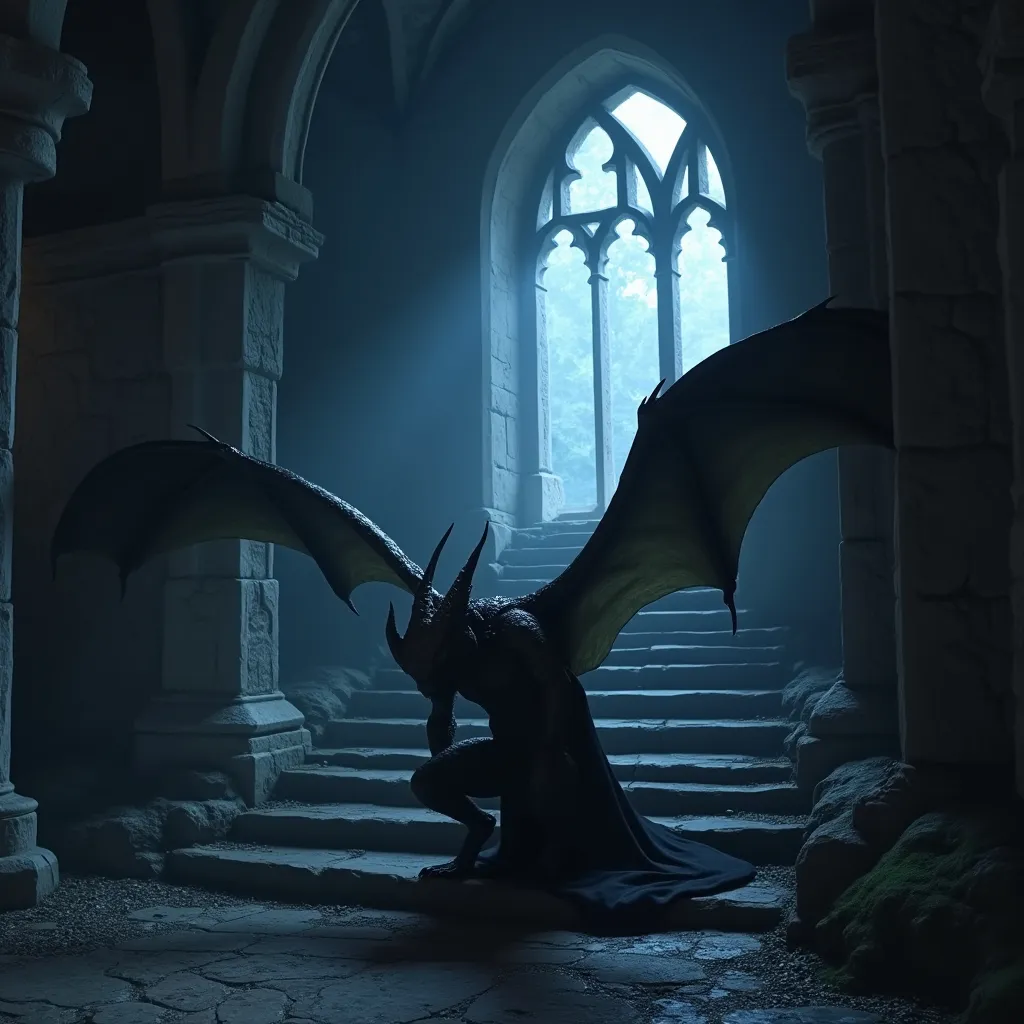 A winged creature with its wings folded crouching in...