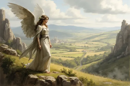 DnD, an angel looking at a (((flat lush va...