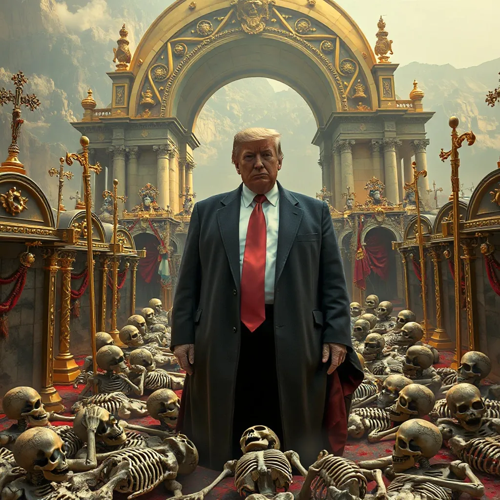 Donald Trump stands regally in a giant roman grave y...