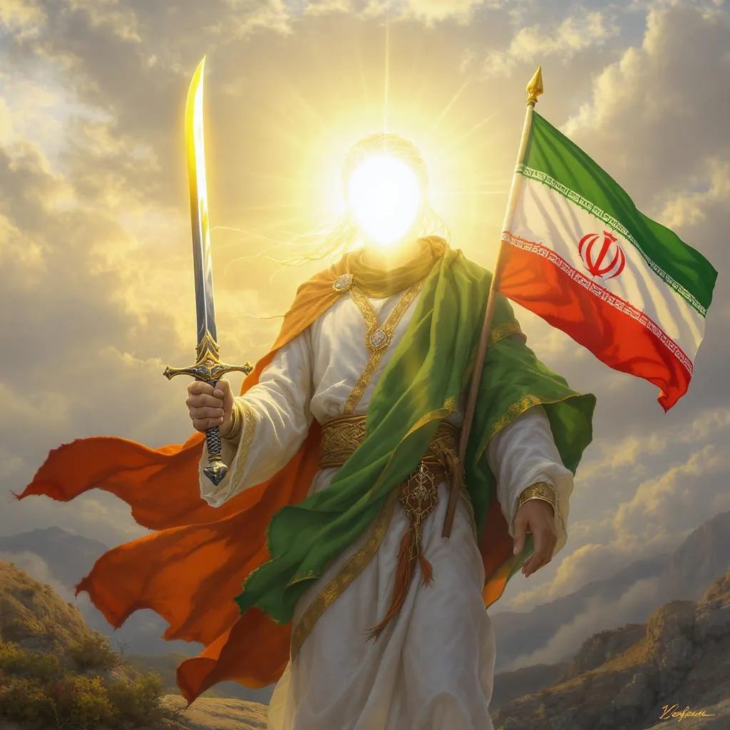 The image of Hazrat Ali, standing with a radiant and...