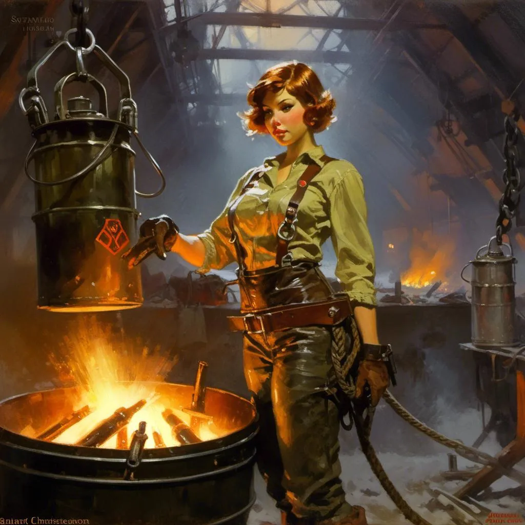 An ominous and gloomy atompunk blacksmith pin-up l...