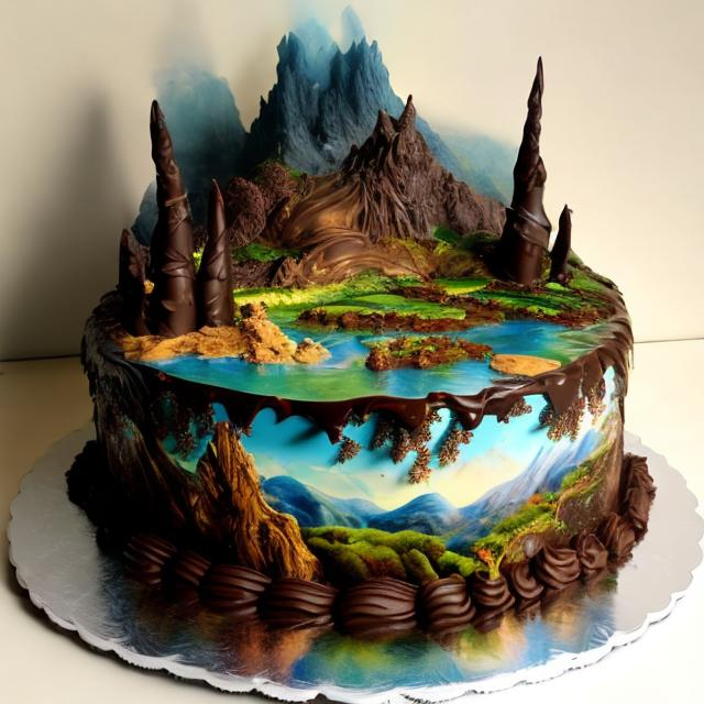 Huge chocolate cake with fantasy landscape