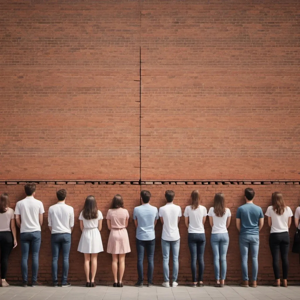 a brick wall between 2 groups of people, diagonal an...