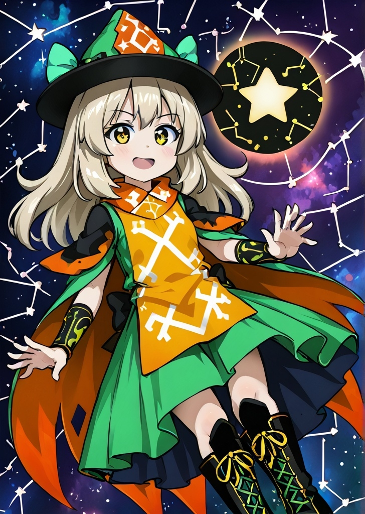 Okina Matara, She wears a yellow-orange tabard adorn...