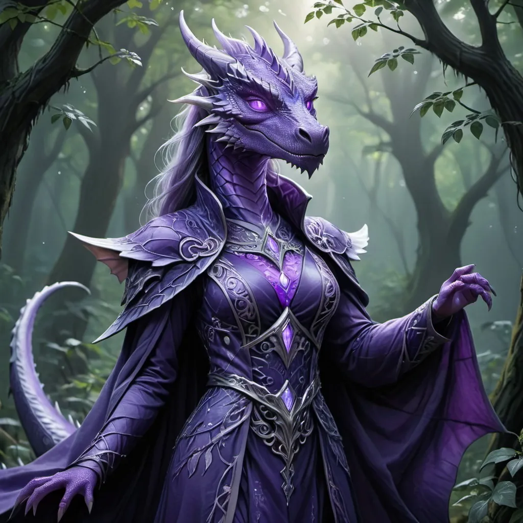 Envision a powerful female dragon humanoid with vivi...