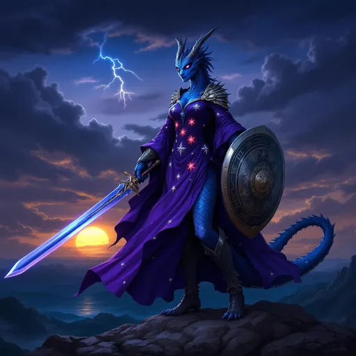 a female dragon humanoid with silvery blue scales we...