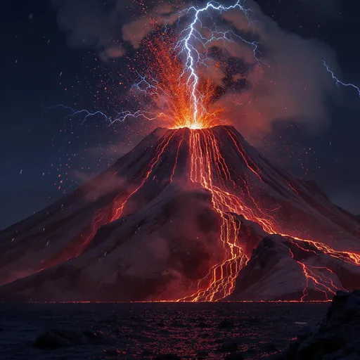 A dramatic volcano eruption at night, lava violently...