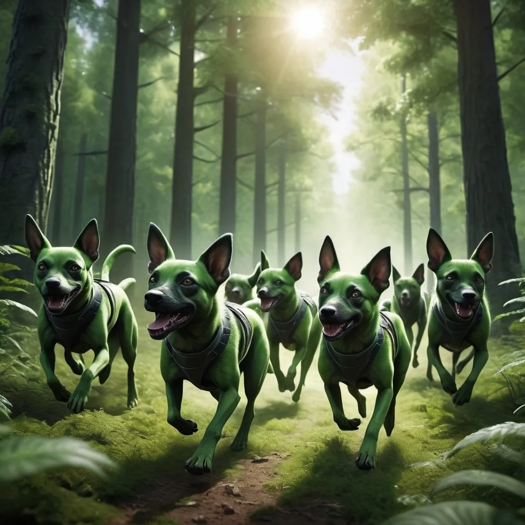 Photorealistic illustration of a pack of green alien...