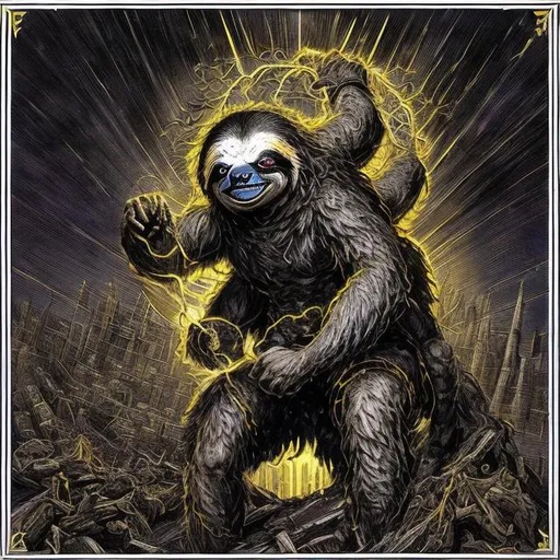 a sloth riding a motorcycle through a big city, comi... | OpenArt