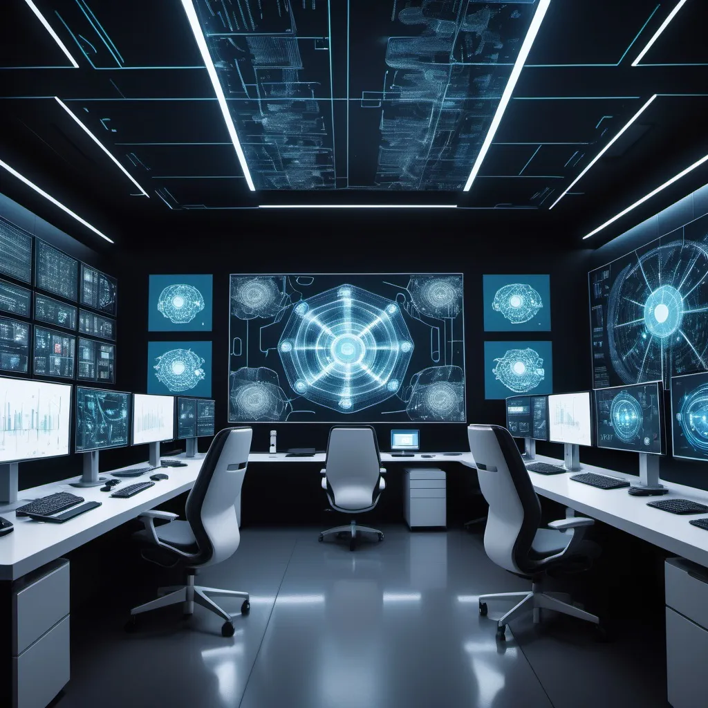A futuristic AI startup laboratory with sleek, moder...