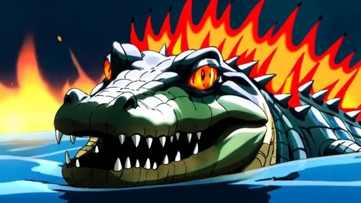 crocodile in water with lots flames on head and snou...