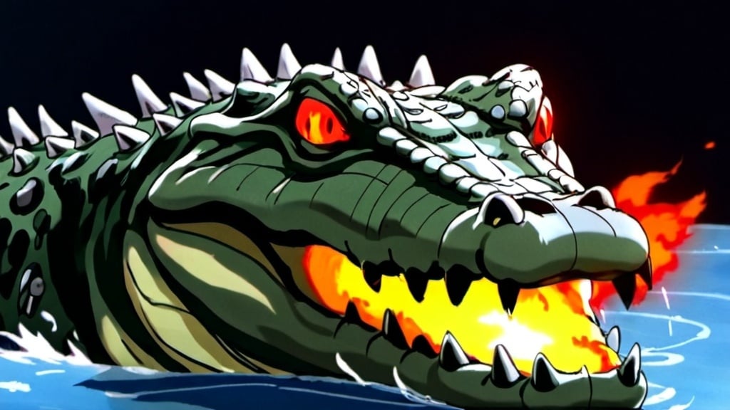 crocodile in water with lots flames on head and snou...