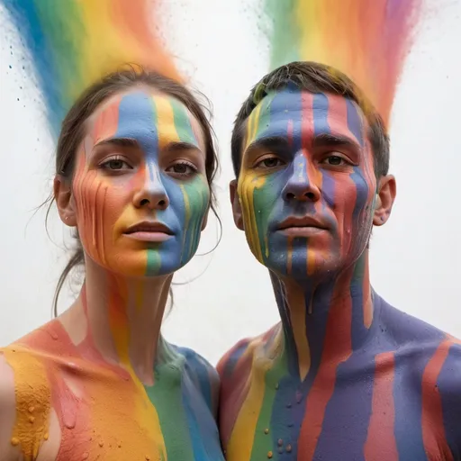Man and woman with multi-colored faces stand next to...