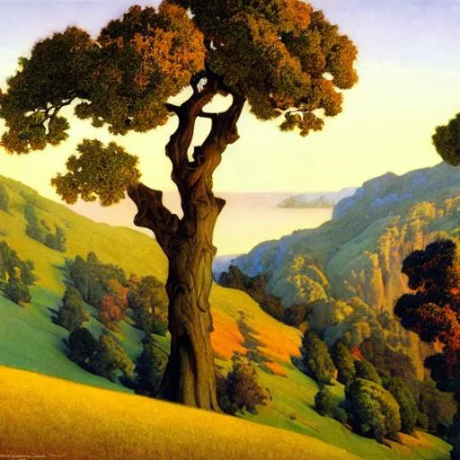 Large oak tree on grass hill overlooking ocean and c...