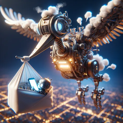 Large mechanical steampunk robot stork, wings flappi...