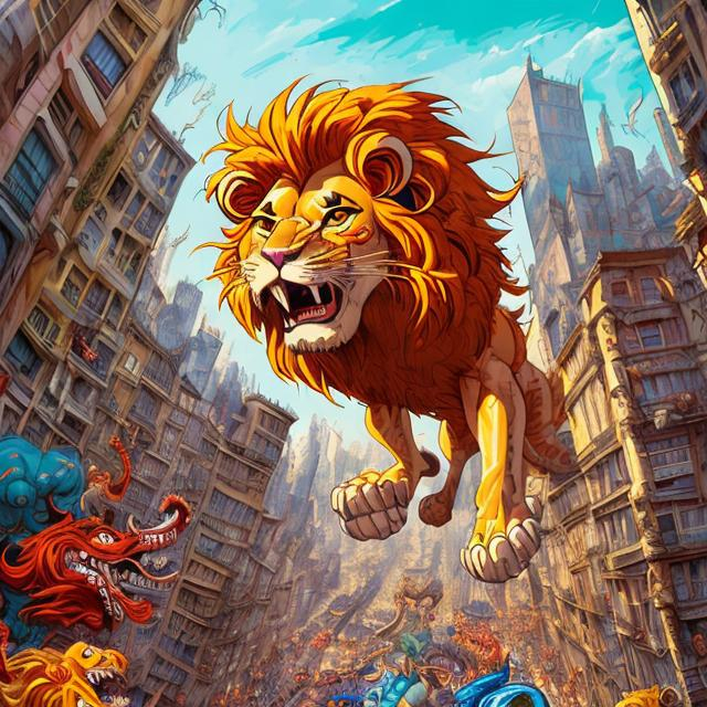 Giant lion invading Lyon, chaotic cartoon scene, too... | OpenArt