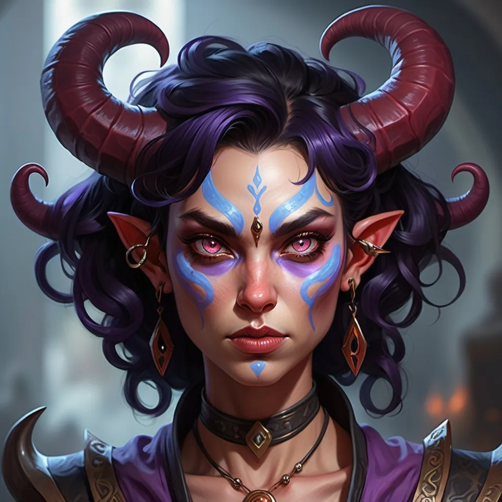 Short, compact tiefling woman with night-black hair...