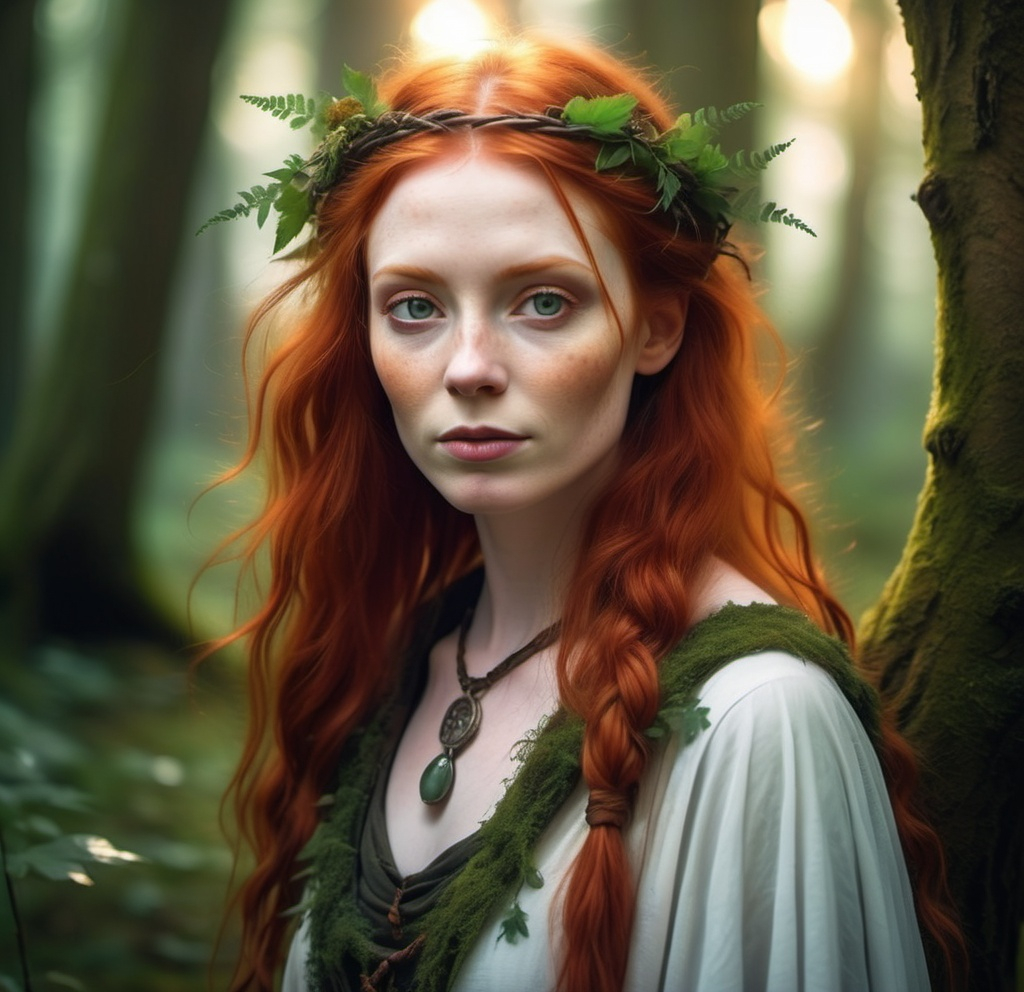 Scottish female changeling druid, wild red hair, pal...