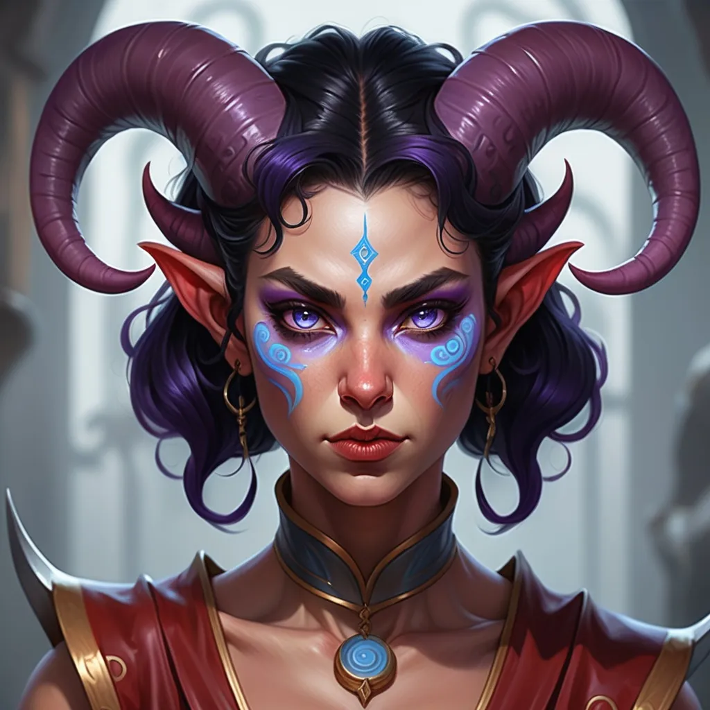 Short, compact tiefling woman with night-black hair...