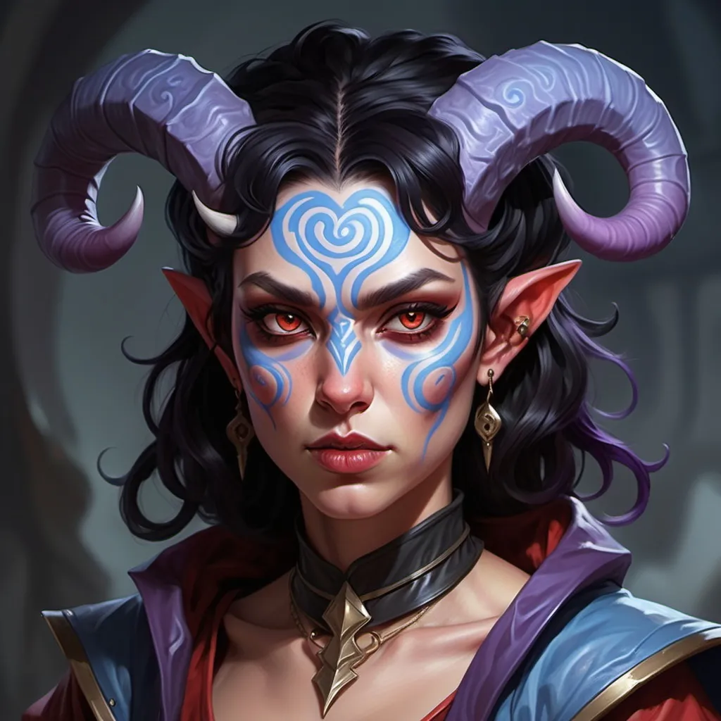 Short, compact tiefling woman with night-black hair...
