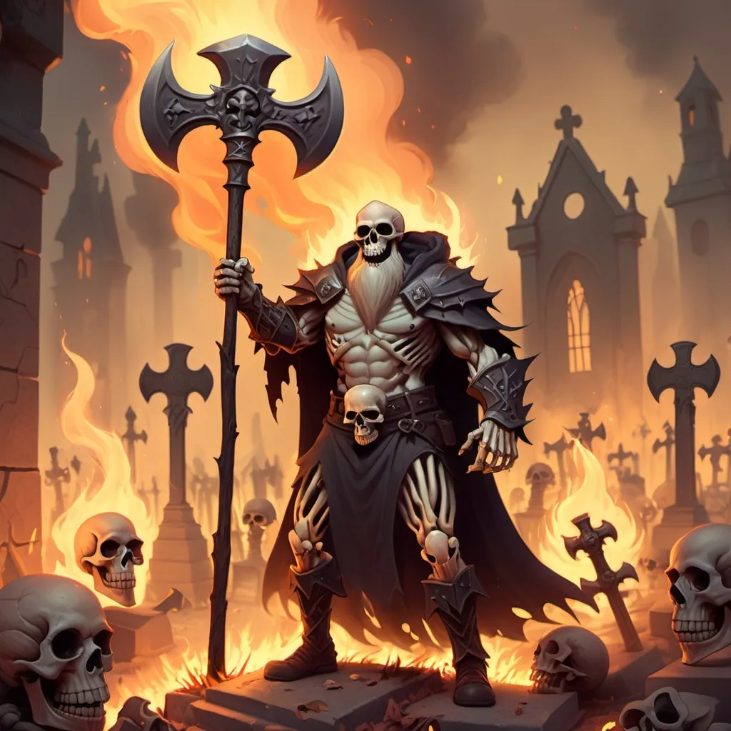 Buff Wizard holding battleaxe, graveyard full of ske...