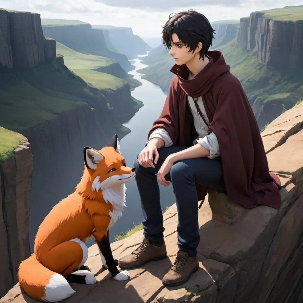 Dark haired anime young man with his pet fox, fox is...