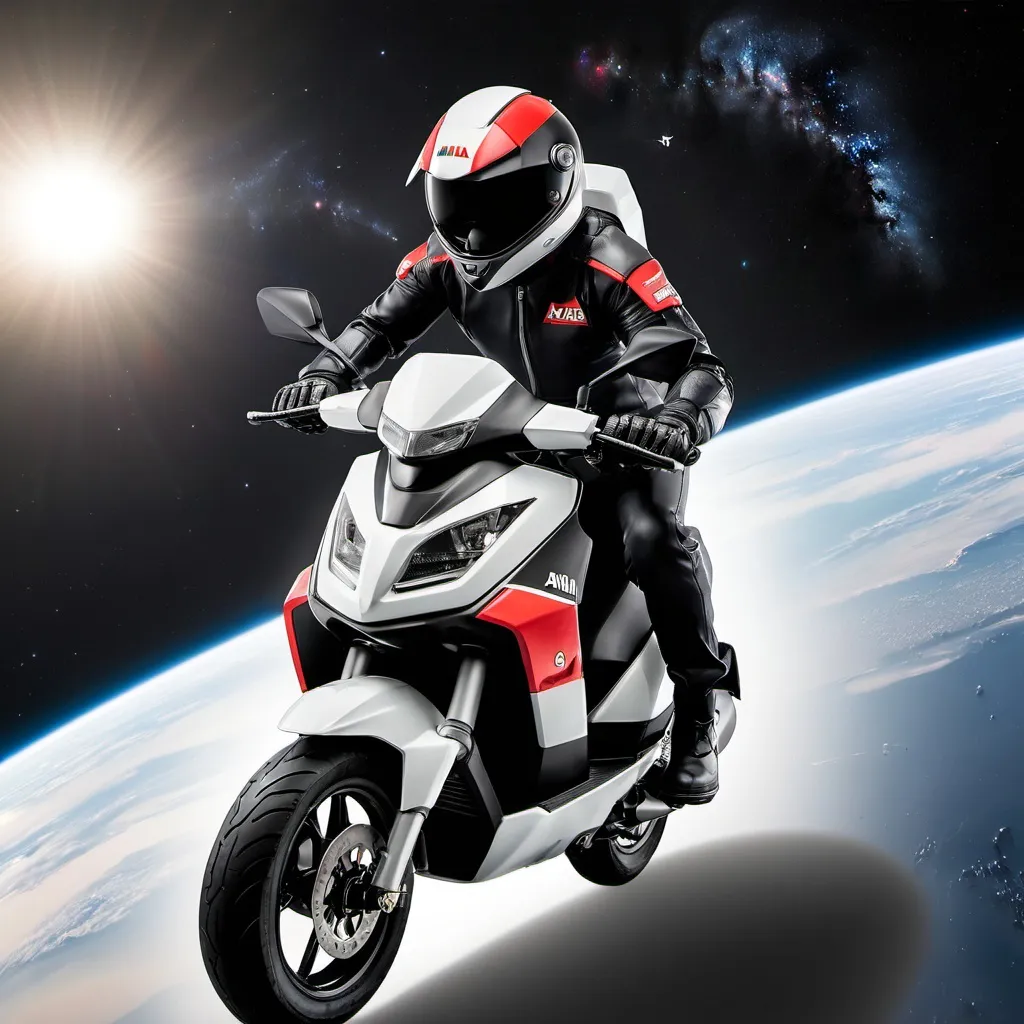 Man with helmet on ridding aprilia scooter in space