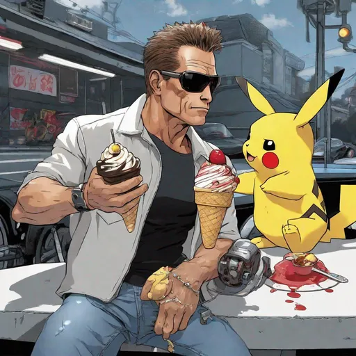 The Terminator shares a drink with Pikachu sitting i...