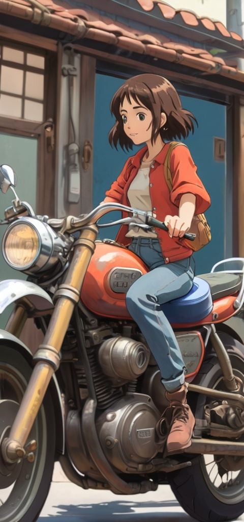 2d studio ghibli anime style, girl on motorcycle, an...