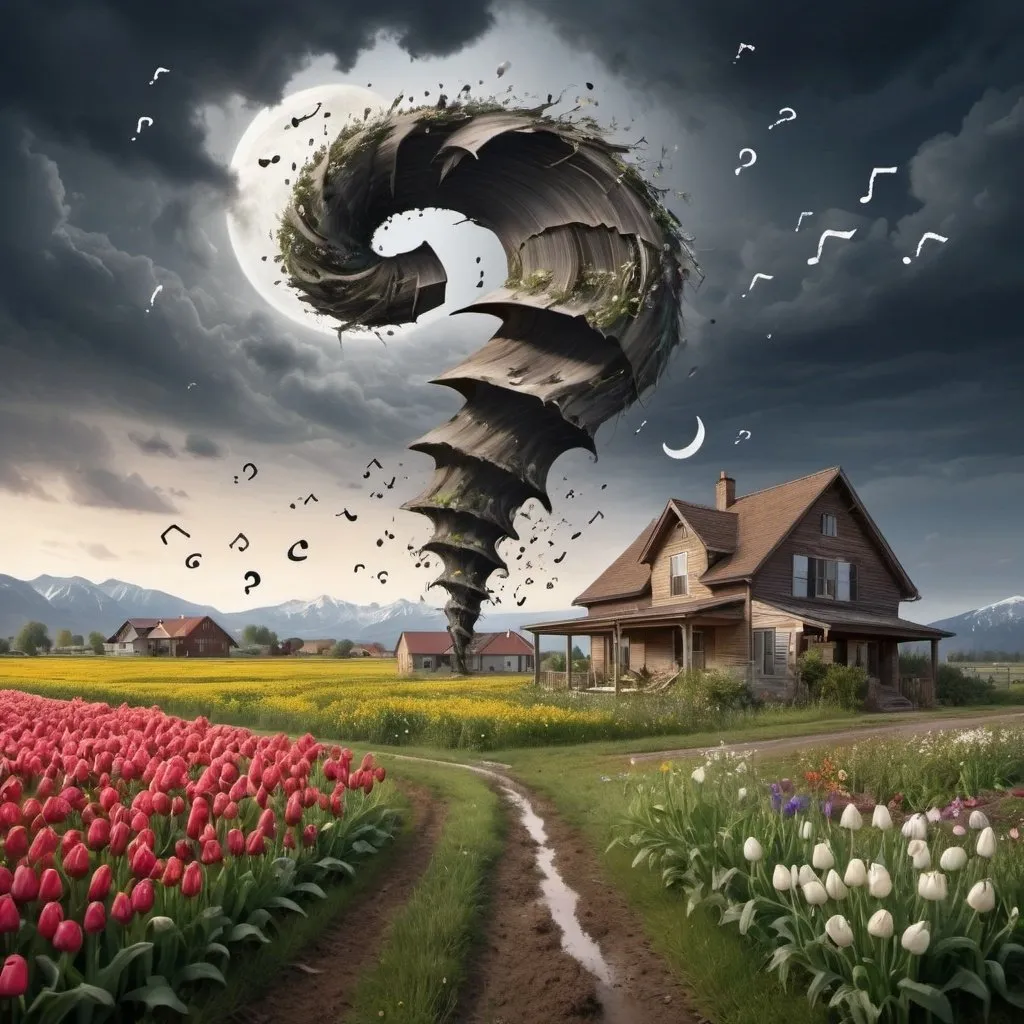 drawing, tornado shaped like question mark, made of...