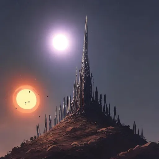 Obsidian castle on an infinite scoria plain at dusk