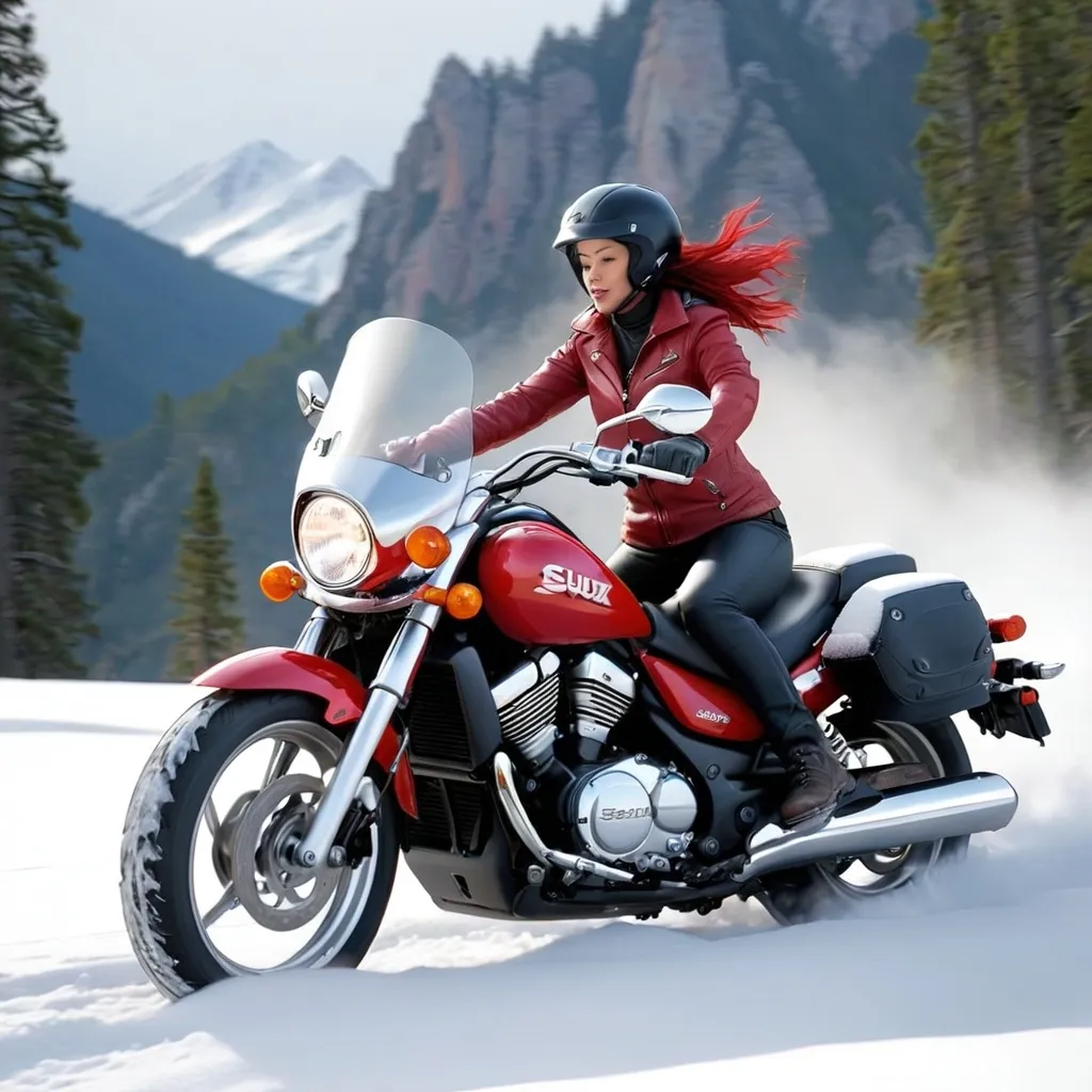 lady rider on a red Suzuki Boulevard riding through...