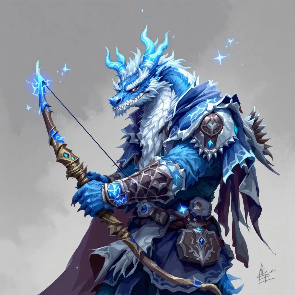 Blue Dragonborne Bard holding Longbow & Playing the...