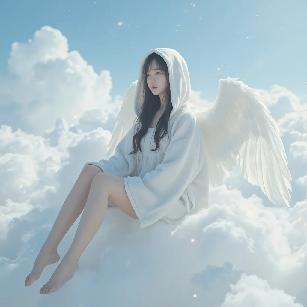 A Korean woman angel sitting on a cloud on a sky wea...