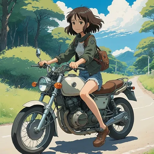 2d studio ghibli anime style, girl on motorcycle, an...
