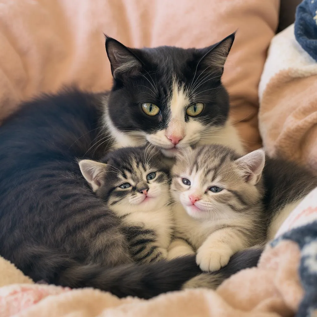 Mother cats with her lovely babycats smiling