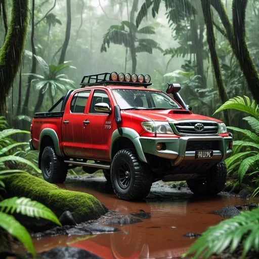 Toyota Hilux Jeep in the Green Rain forest, Heavy Ra...