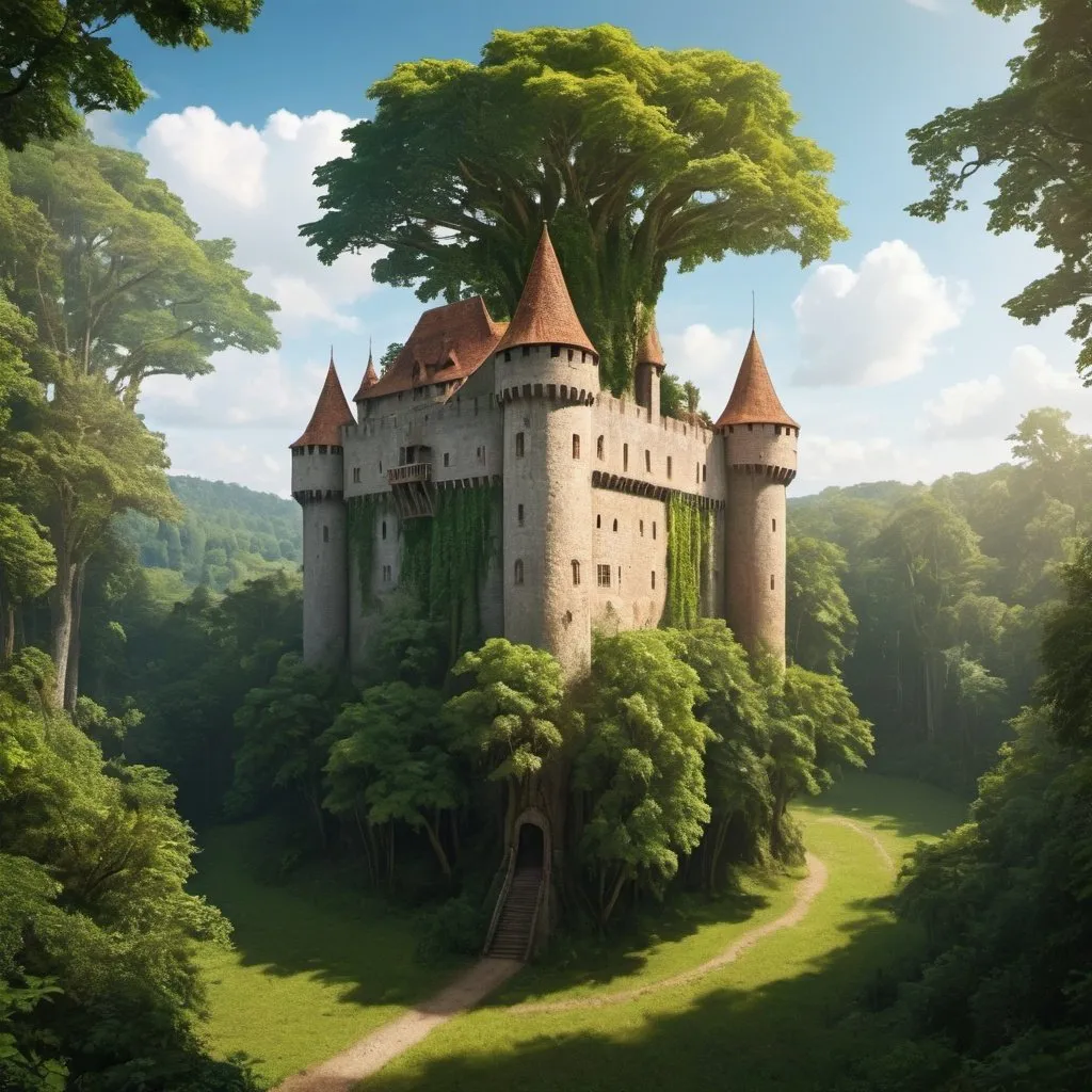 medieval castle on the forest with a big Rainforest...