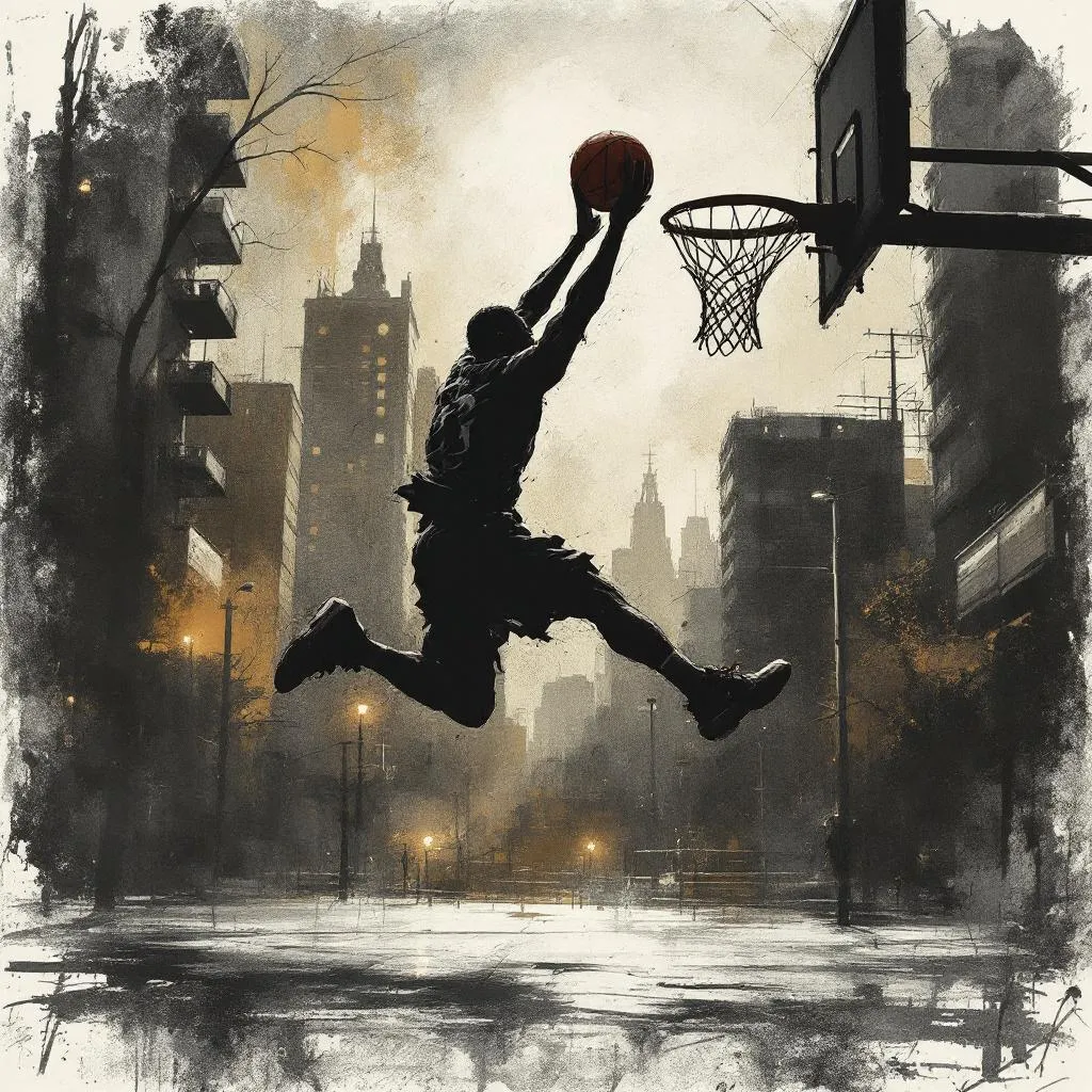 imagine a lone basket player jumping to dunk silhoue...