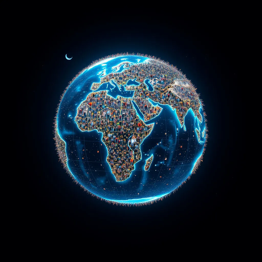 one world globe from space with people images from a...