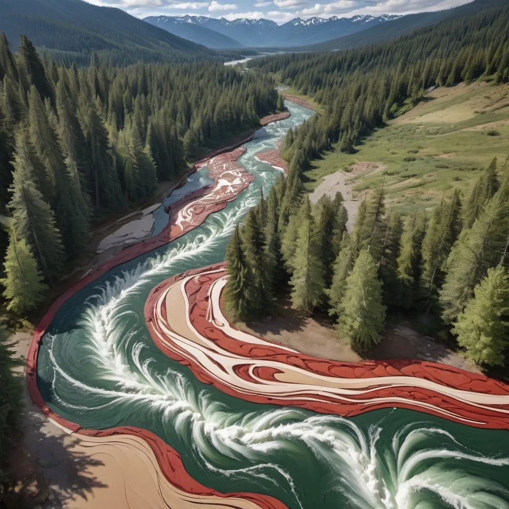 canvas of 72"x30" A top-down view of a meandering ri...