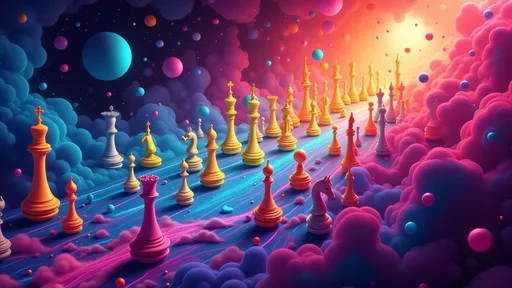 trippy colorful image of chess pieces floating in a...