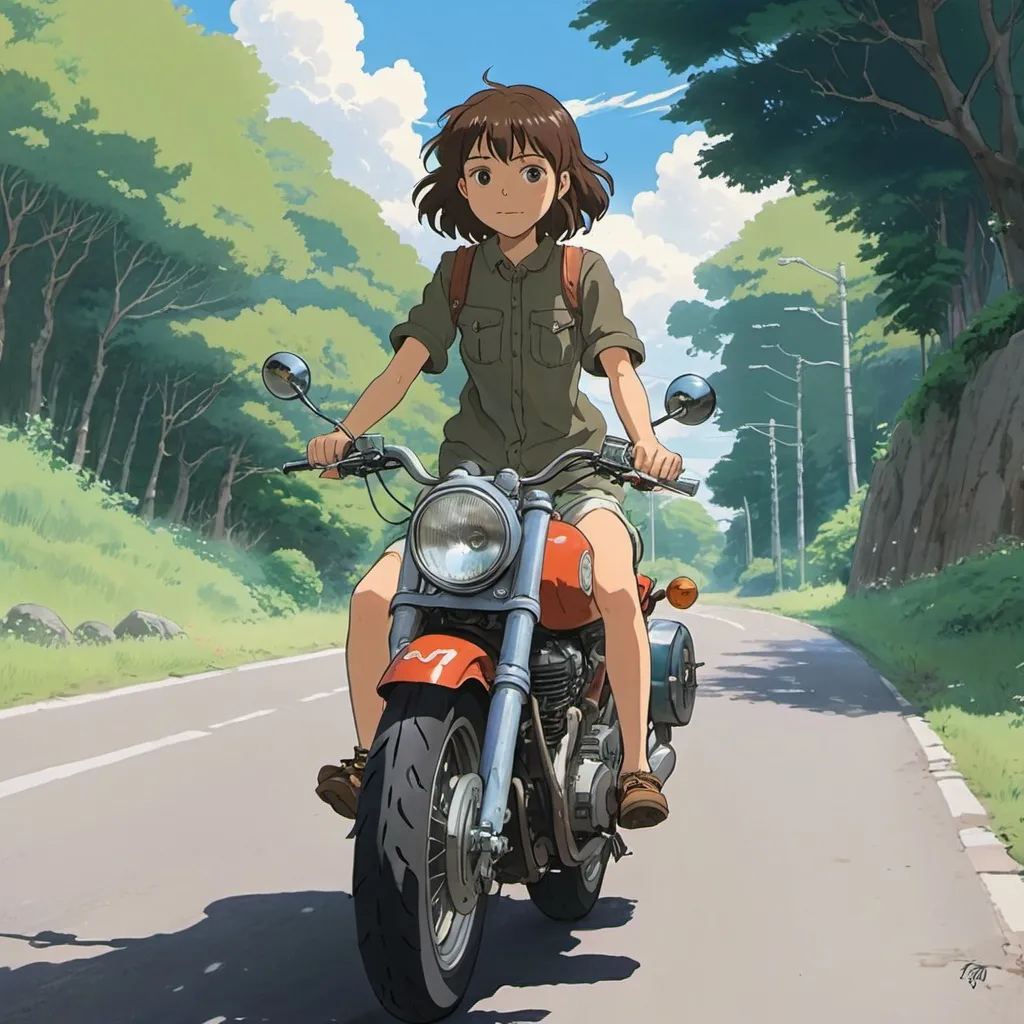 2d studio ghibli anime style, girl on motorcycle, an...