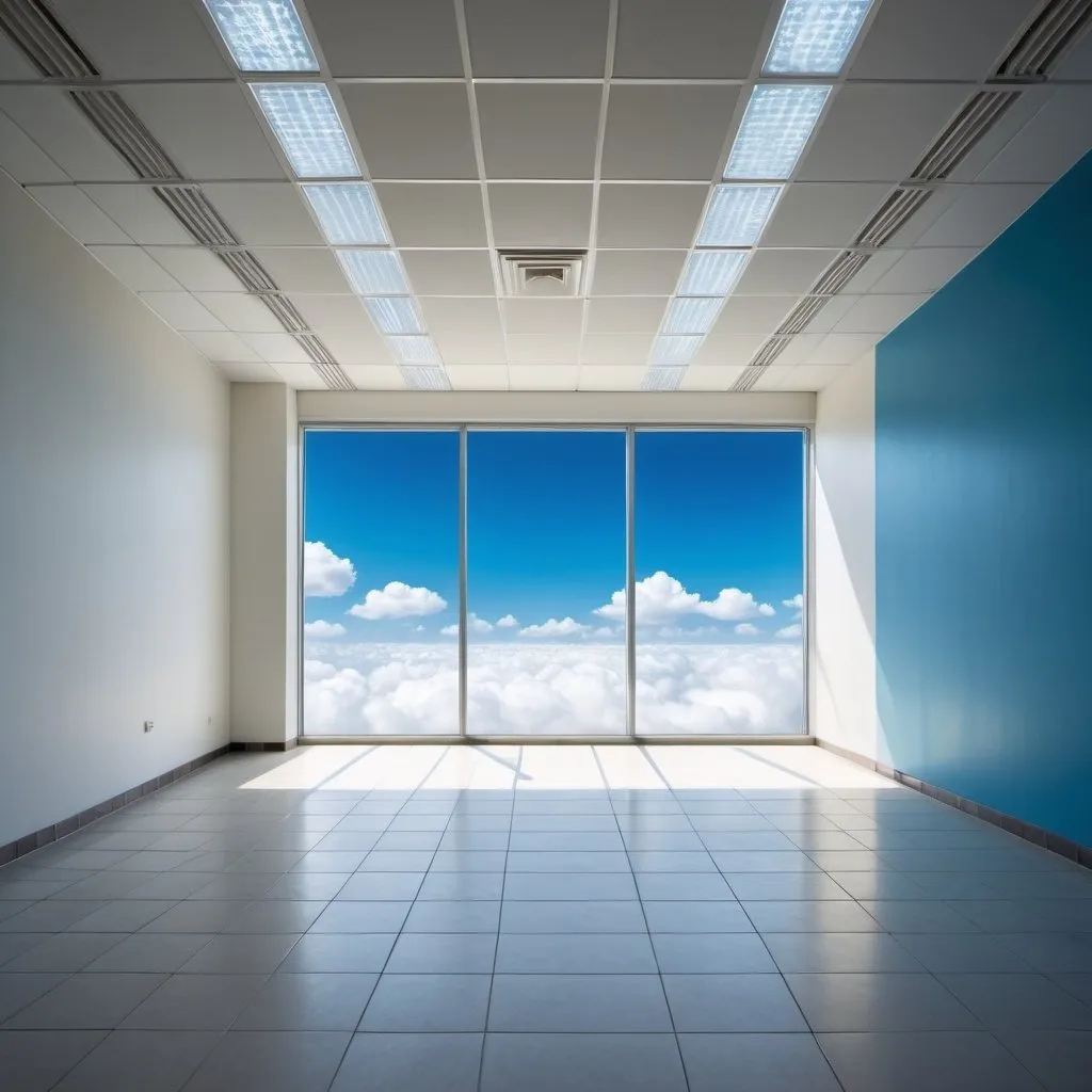 empty indoor area, tiled floor, wall sized window, b...