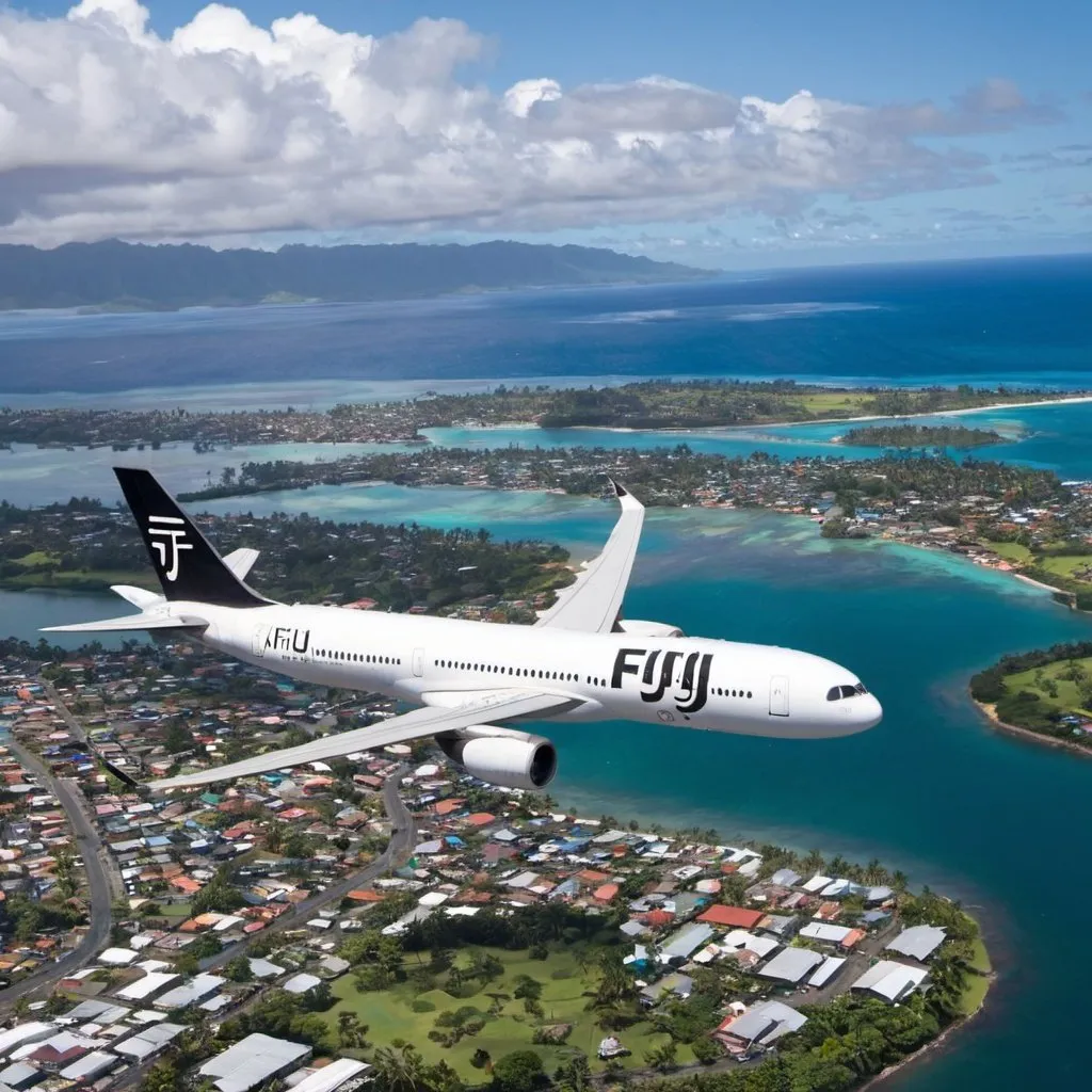 fiji airways flying above city