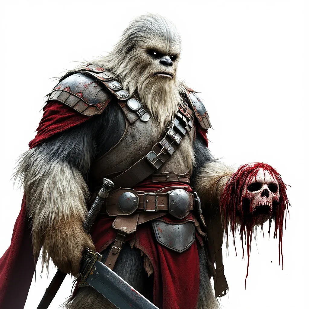A formidable Wookiee stands confrontationally, showc...