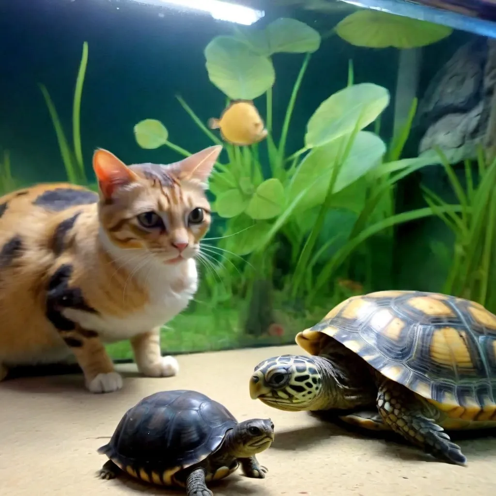 Cat looking at turtle
